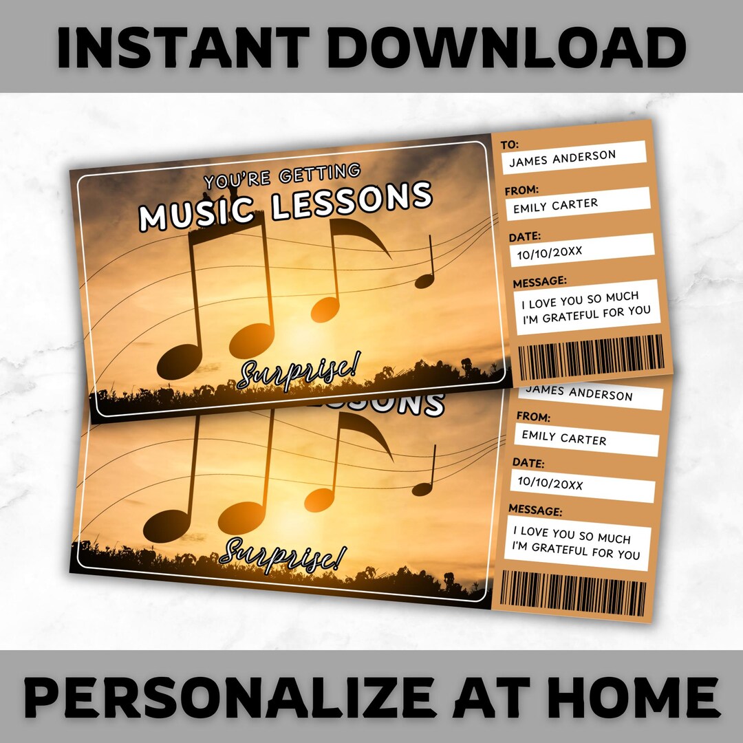Music Lessons Ticket Template - Music Lessons Gift Voucher - Music ...