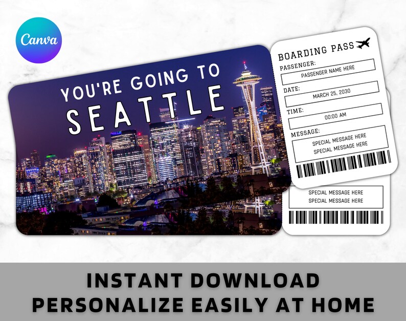 Seattle Boarding Pass Ticket Template Printable Gift Airplane Airline ...