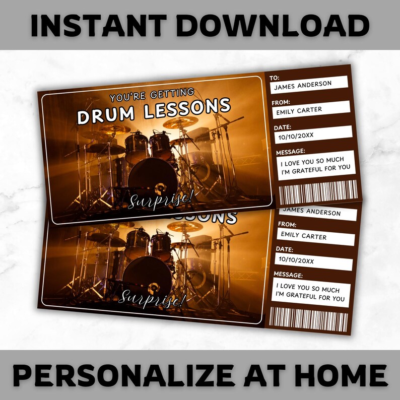 Drum Lessons Ticket Template - Drum Lessons Gift Voucher - Drum Lessons ...