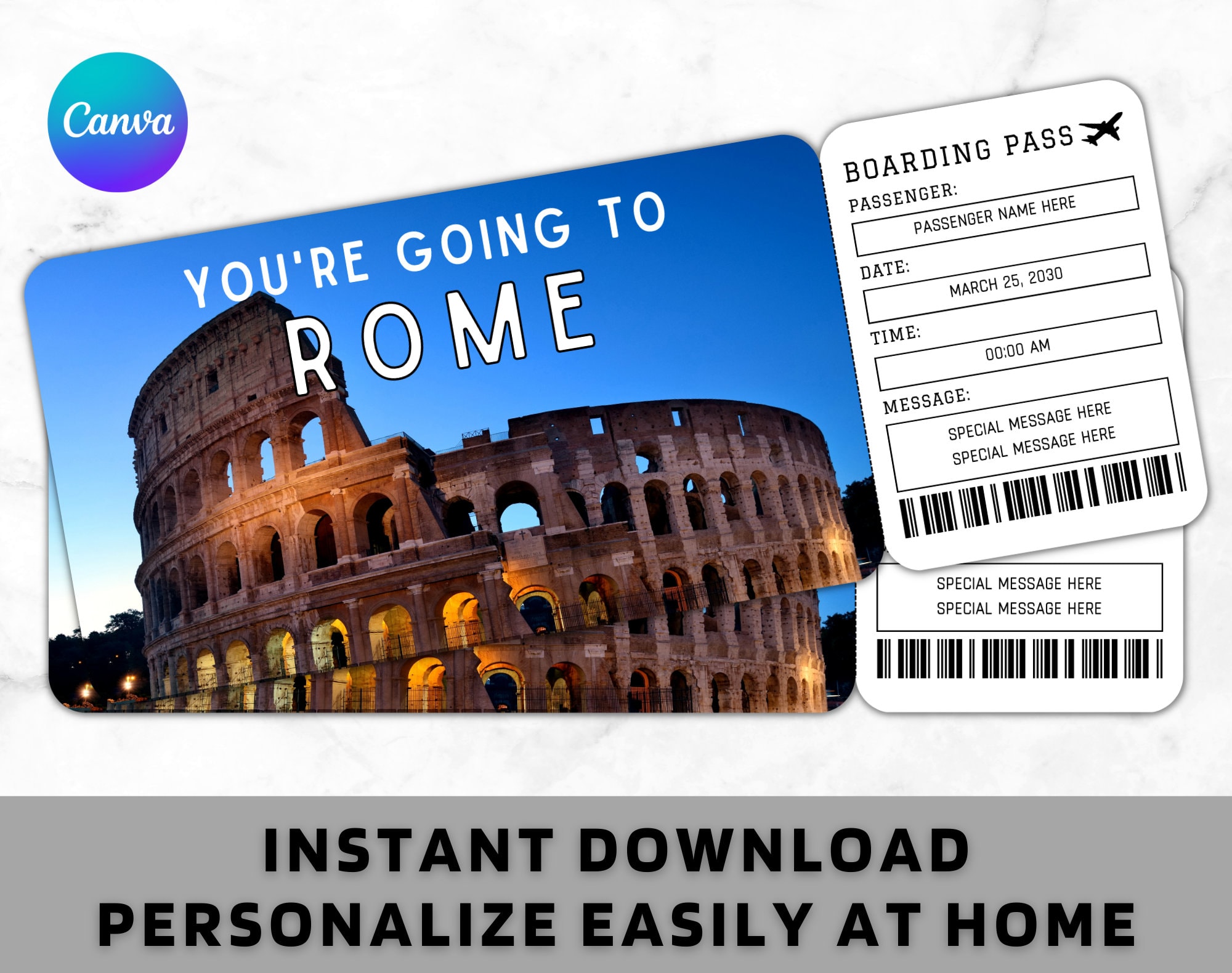 Rome Boarding Pass Ticket Template - Printable Gift Airplane Airline ...