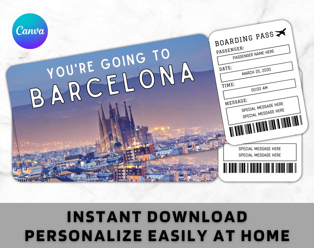 Barcelona Boarding Pass Ticket Template - Printable Gift Airplane ...