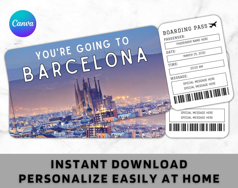 Barcelona Boarding Pass Ticket Template - Printable Gift Airplane ...