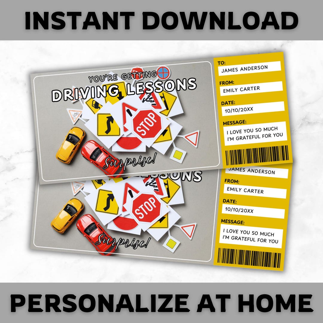 Driving Lessons Ticket Template - Learn to Drive Car Gift Voucher ...