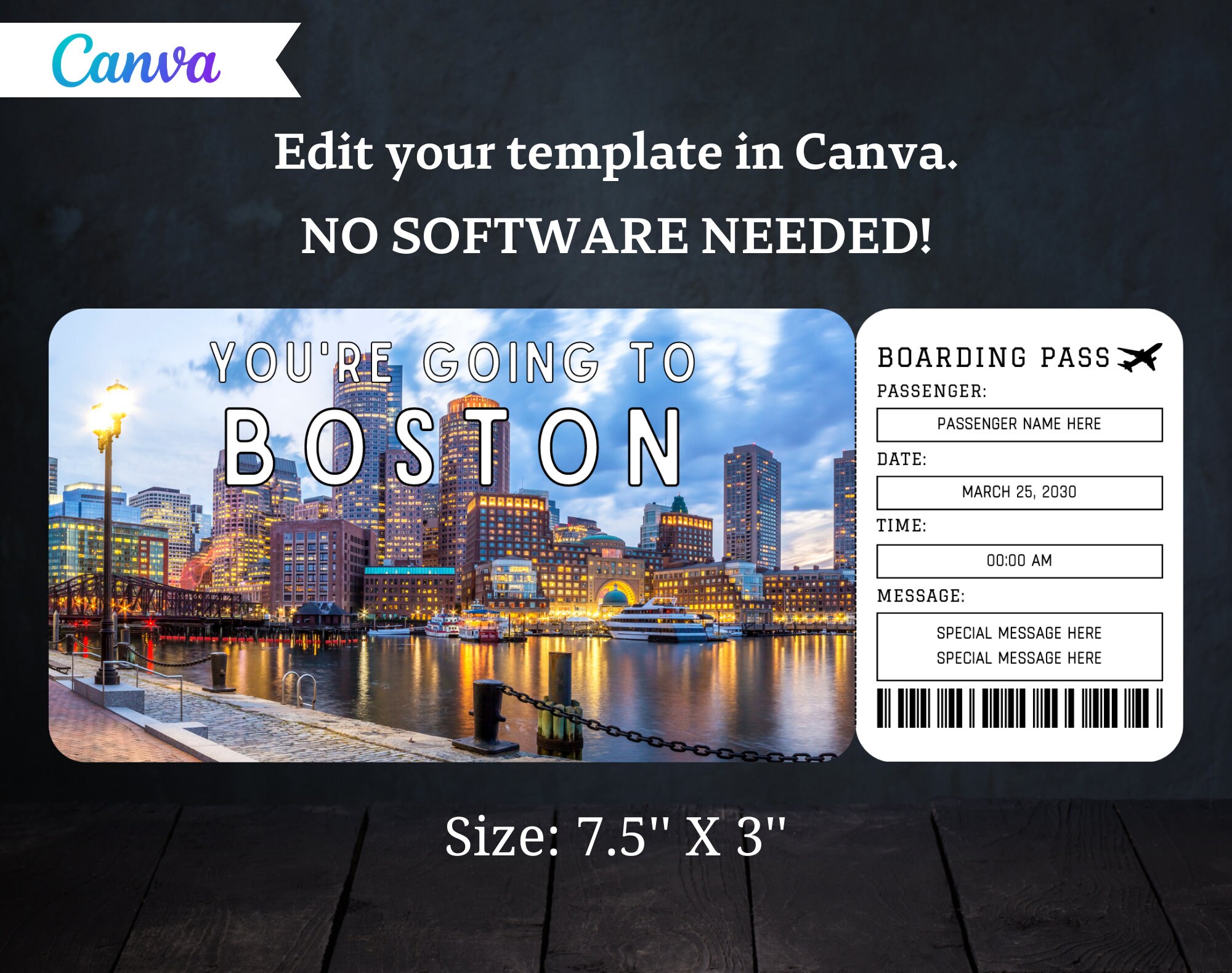 Boston Boarding Pass Ticket Template Printable Gift Airplane Airline ...