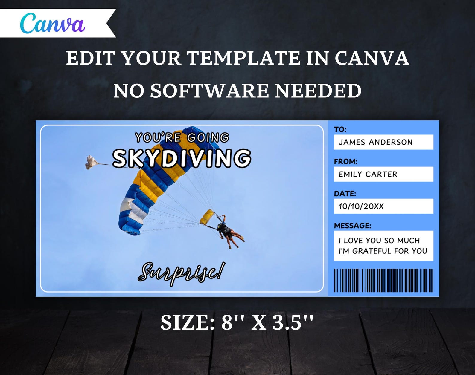 Skydiving Ticket Template - Skydiving Gift Voucher - Skydive Coupon ...