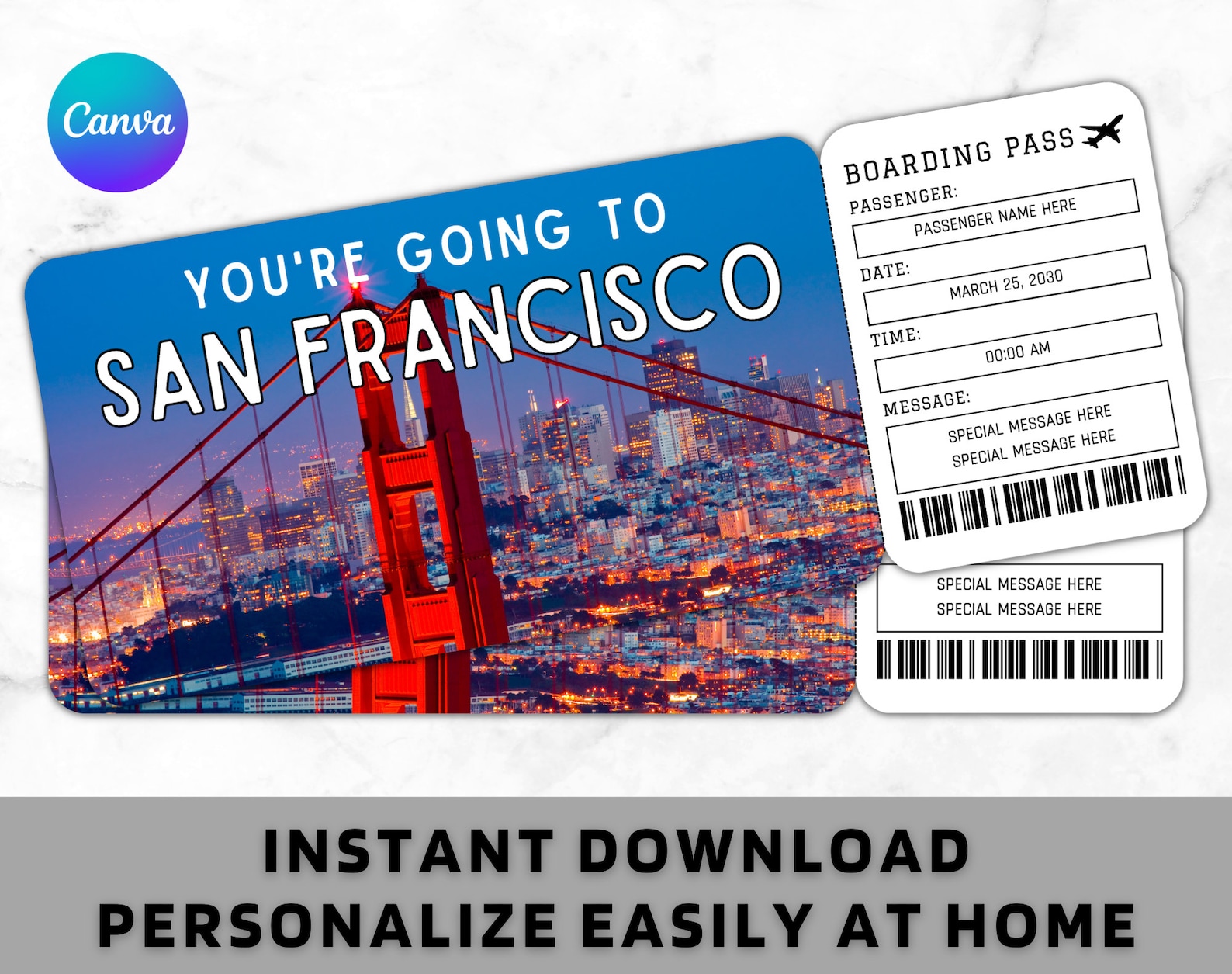 San Francisco Boarding Pass Ticket - Printable Gift Airplane Airline ...