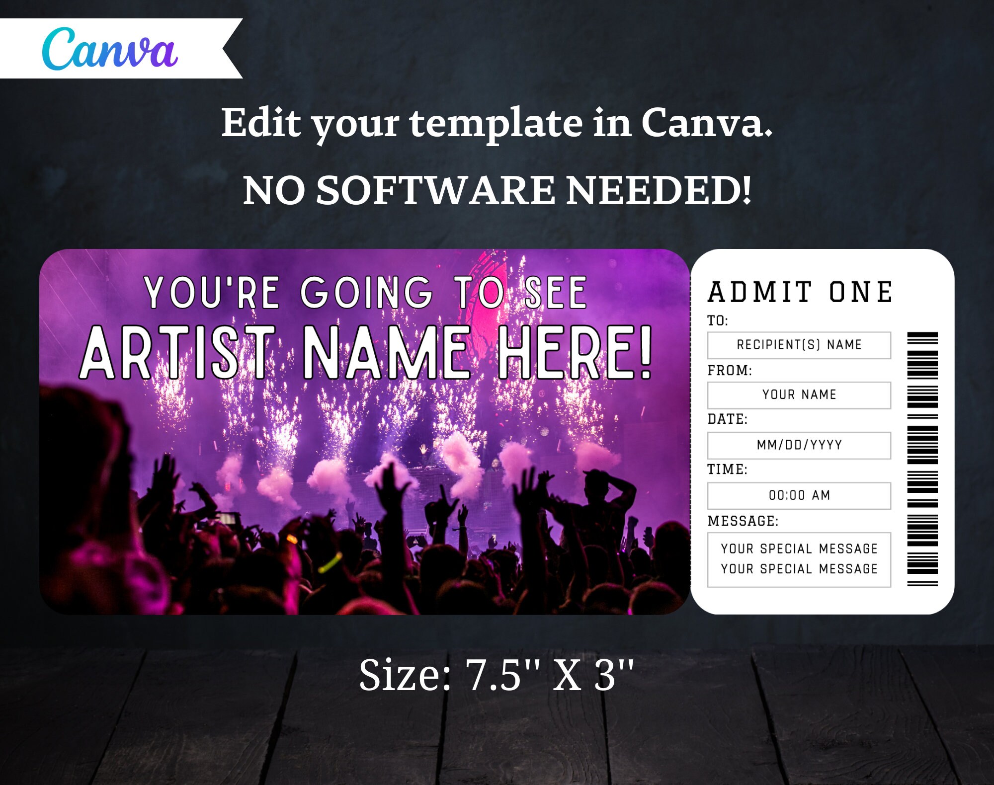Editable Canva Concert Ticket Template - Concert Ticket Template Gift ...