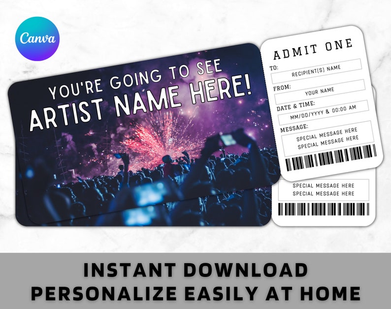 Personalised Concert Ticket - Printable Concert Ticket - Gift for Him ...