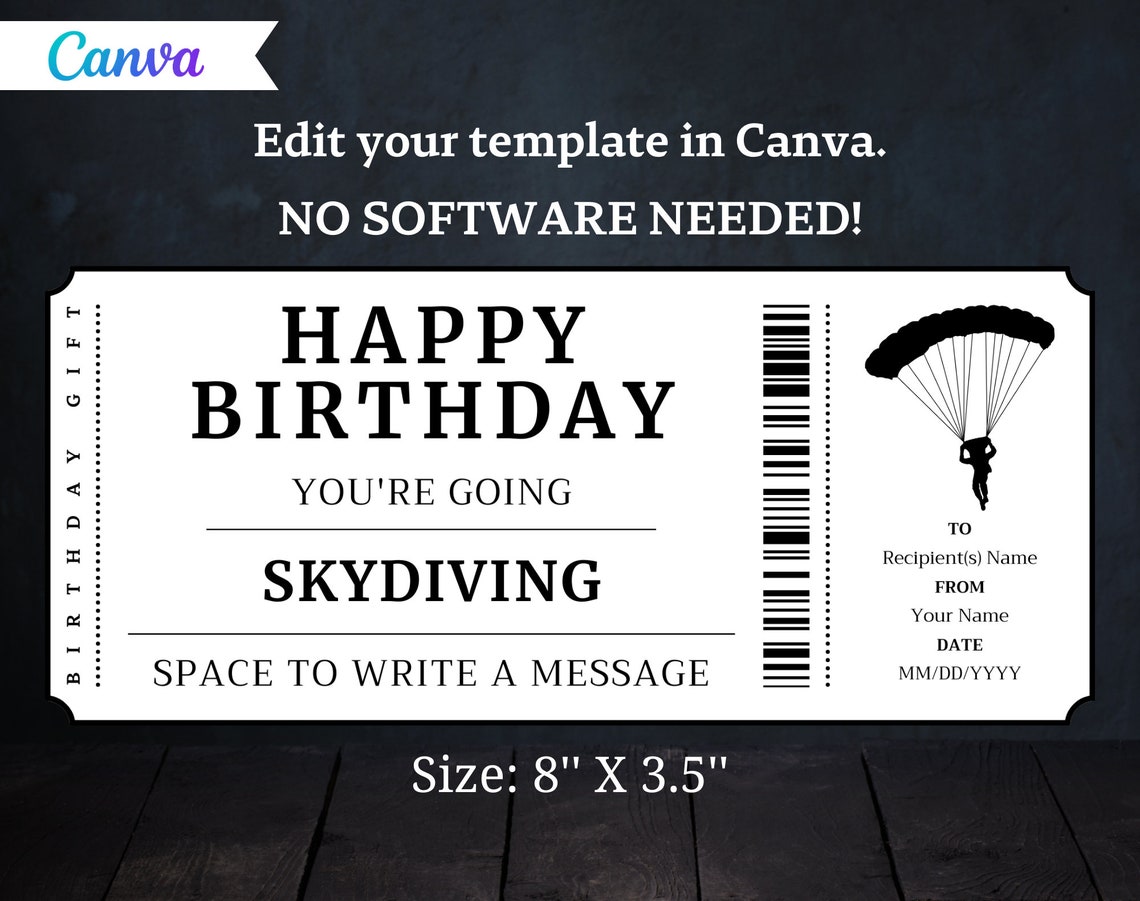 Birthday Skydiving Gift Ticket - Birthday Skydiving Gift Voucher Card ...