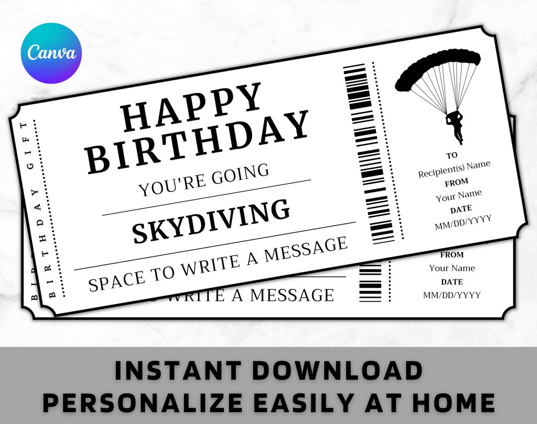 Birthday Skydiving Gift Ticket - Birthday Skydiving Gift Voucher Card ...
