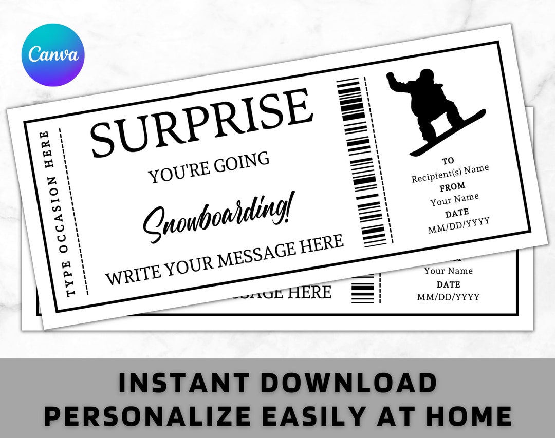 Surprise Snowboard Ticket Certificate Voucher Card Template - Printable ...