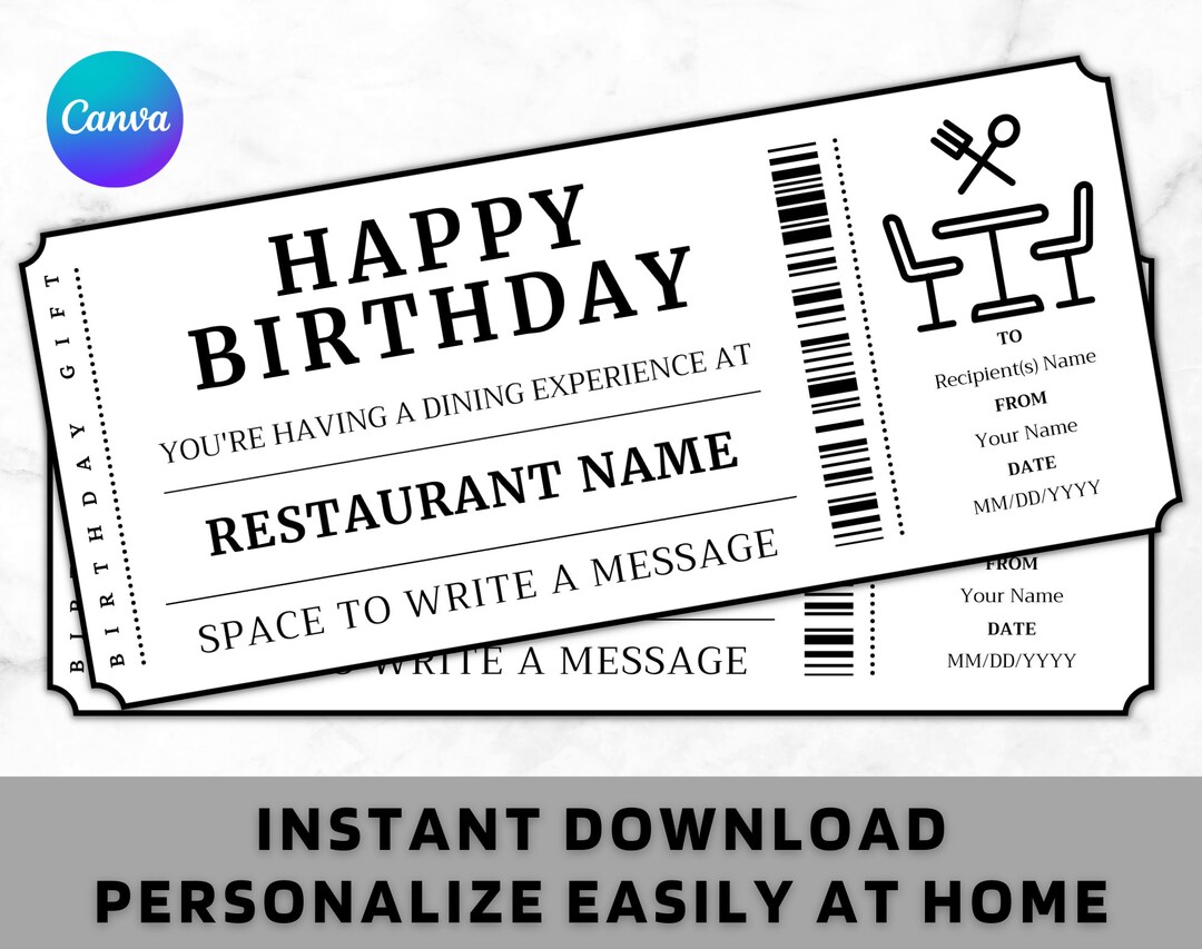 Birthday Restaurant Gift Ticket - Birthday Date Night Gift Voucher Card ...