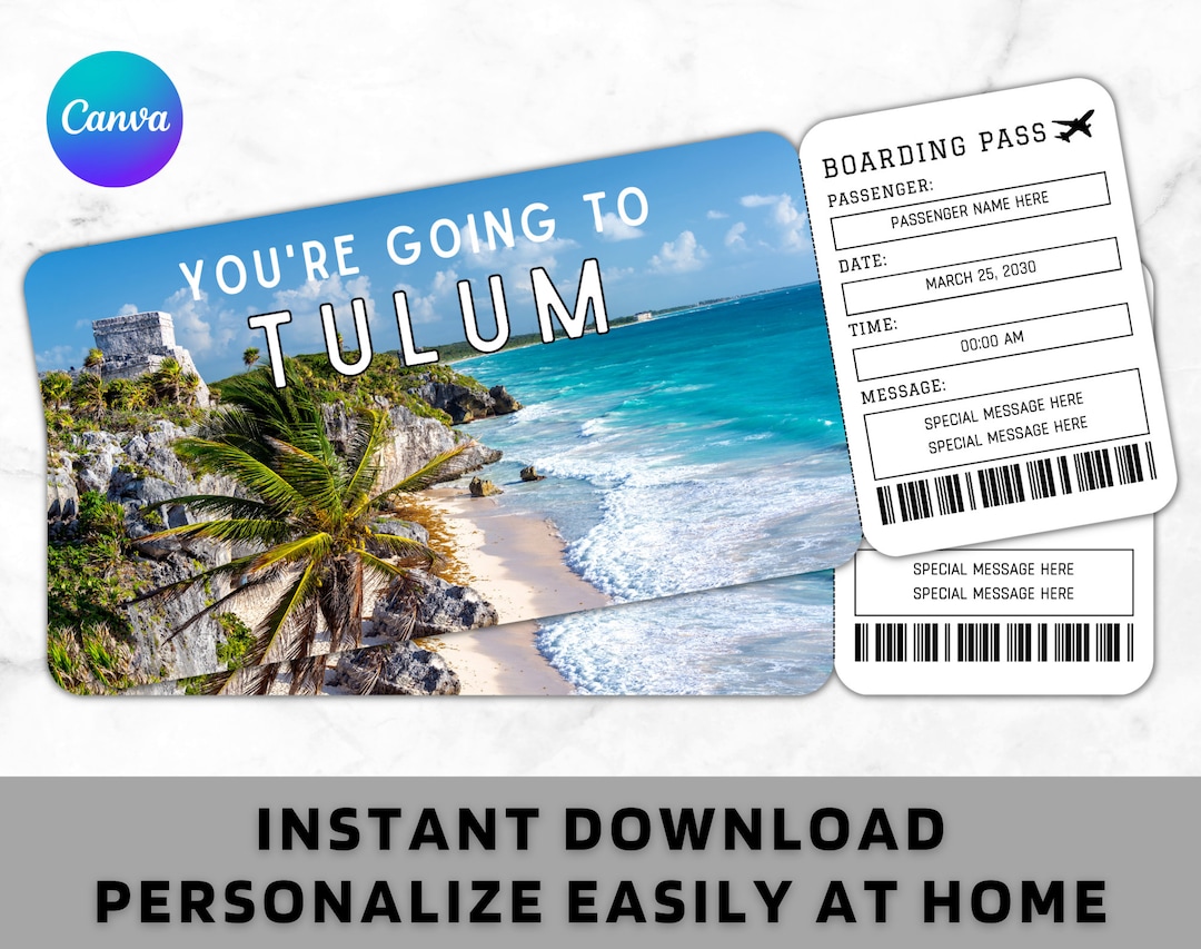 Tulum Boarding Pass Ticket Template - Printable Gift Airplane Airline ...