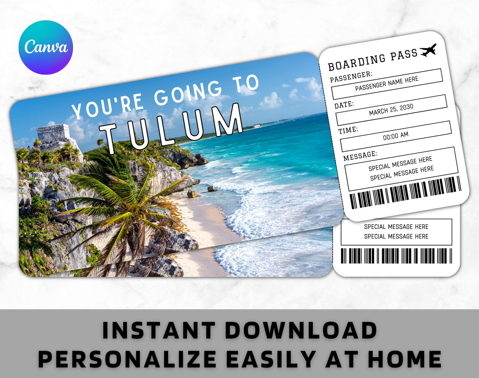 Tulum Boarding Pass Ticket Template - Printable Gift Airplane Airline ...