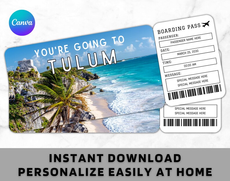 Tulum Boarding Pass Ticket Template Printable Gift Airplane Airline ...