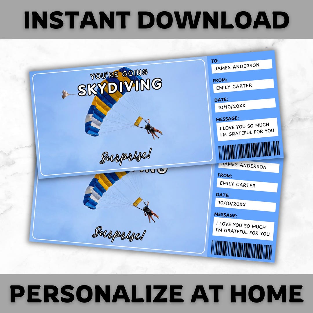 Skydiving Ticket Template - Skydiving Gift Voucher - Skydive Coupon ...