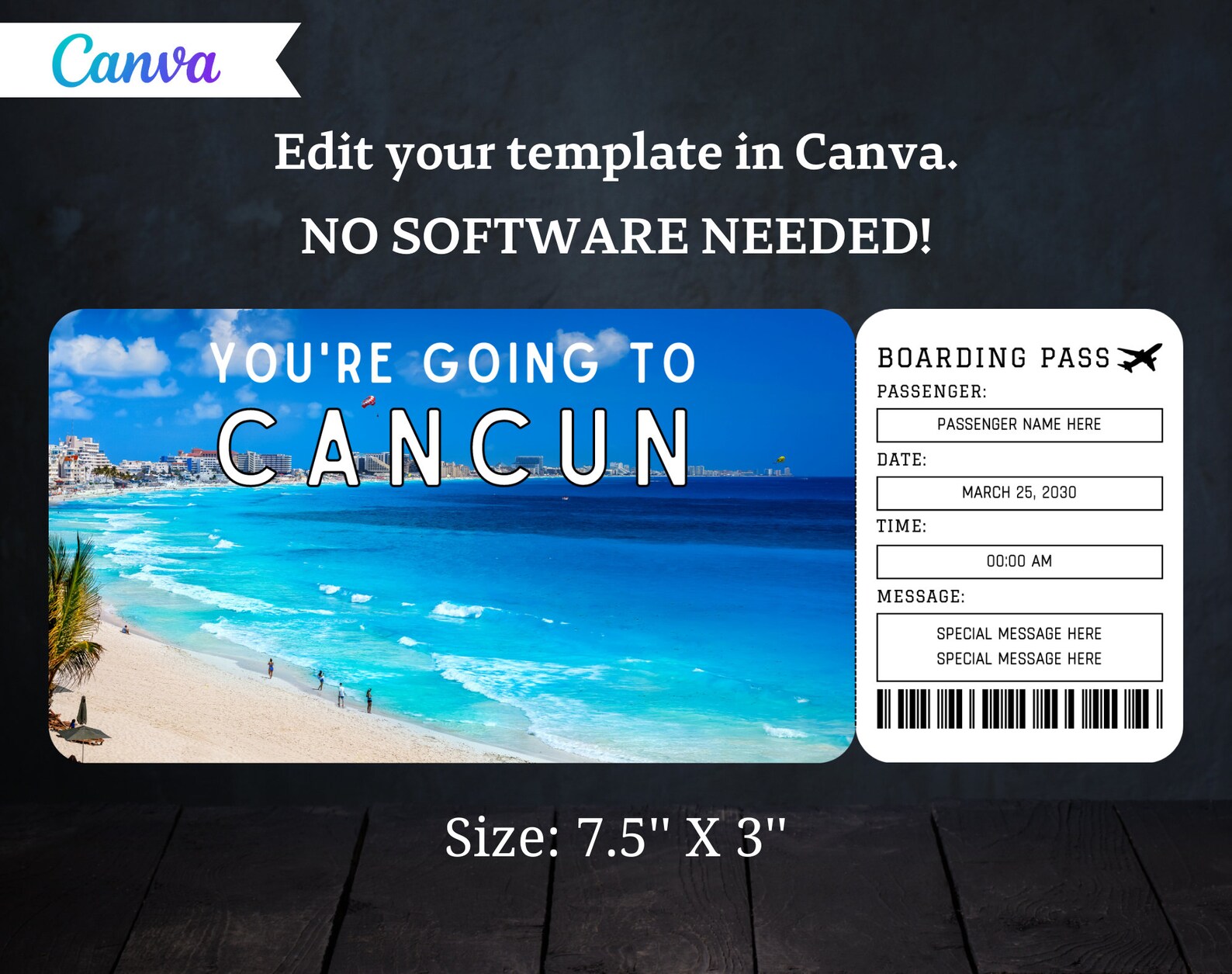 Cancun Boarding Pass Ticket Template - Printable Gift Airplane Airline ...