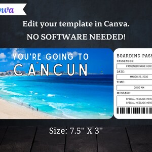Cancun Boarding Pass Ticket Template - Printable Gift Airplane Airline ...