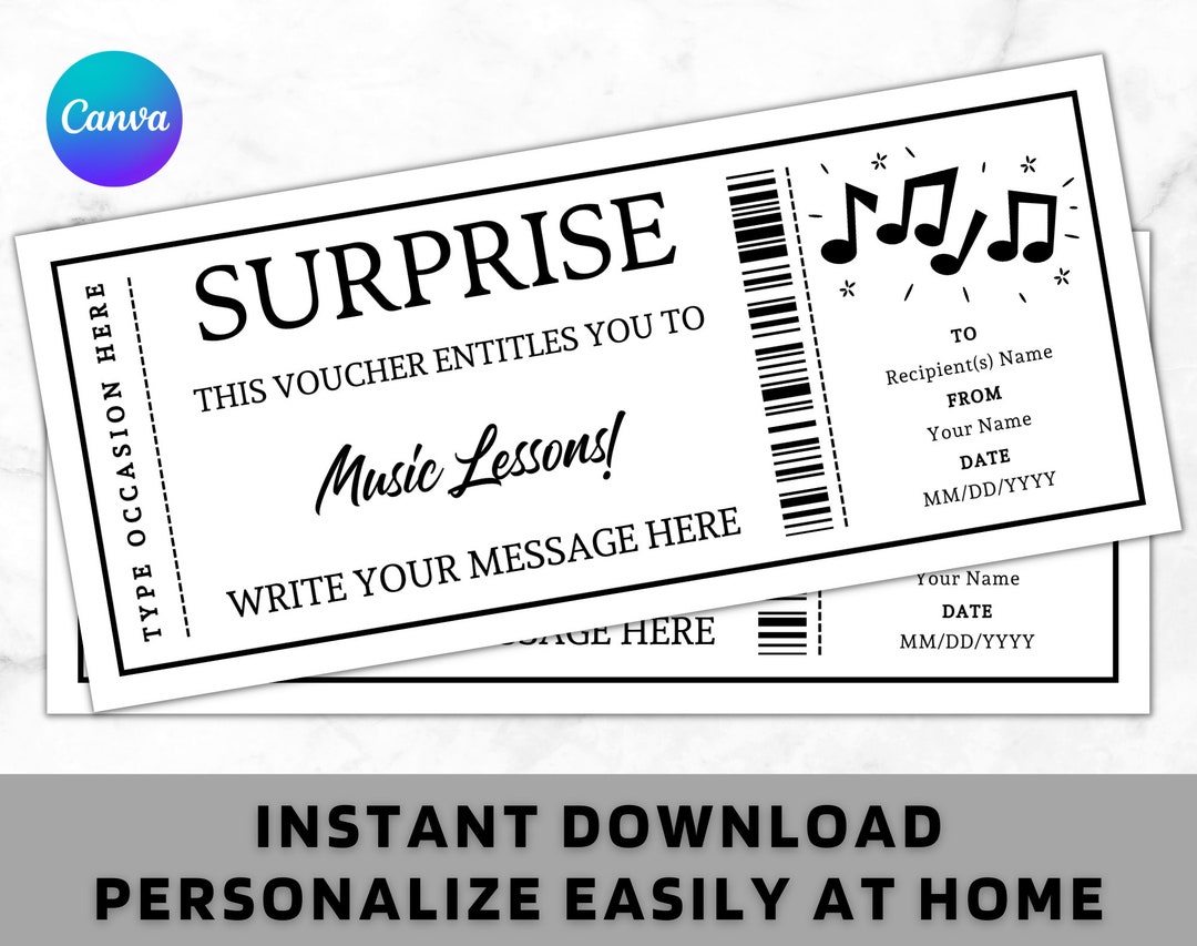 Surprise Music Lessons Ticket Certificate Voucher Card Template ...