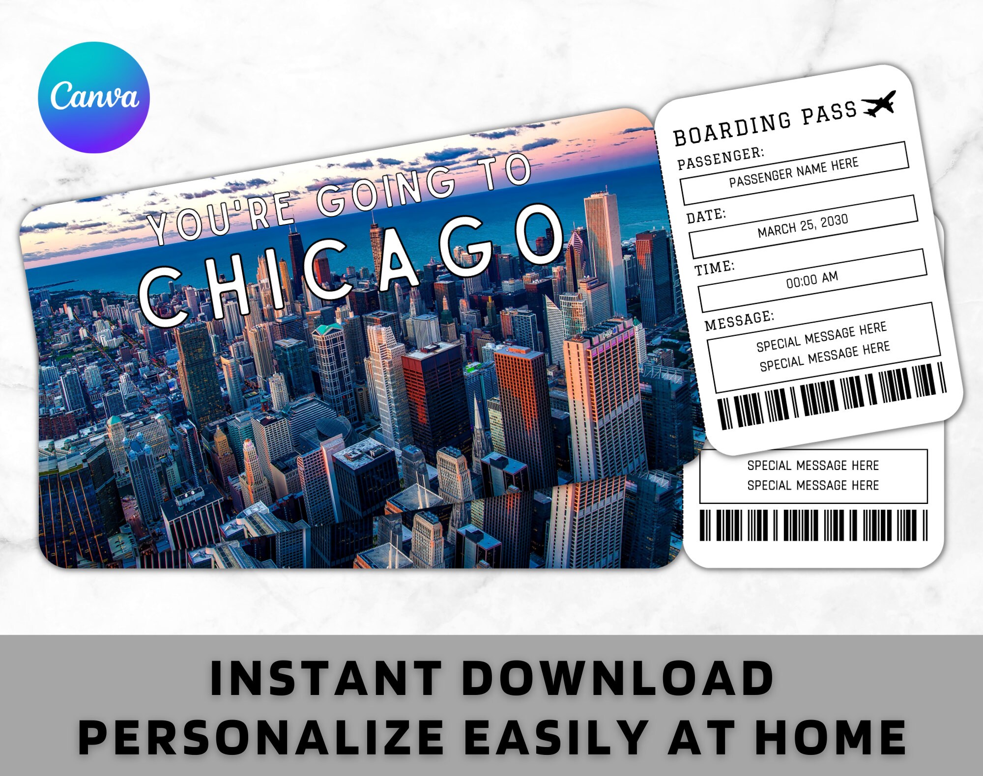 Chicago Boarding Pass Ticket Template - Printable Gift Airplane Airline ...