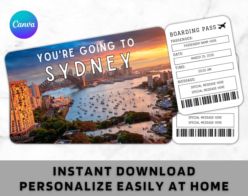 Sydney Boarding Pass Ticket Template Printable Gift Airplane - Etsy