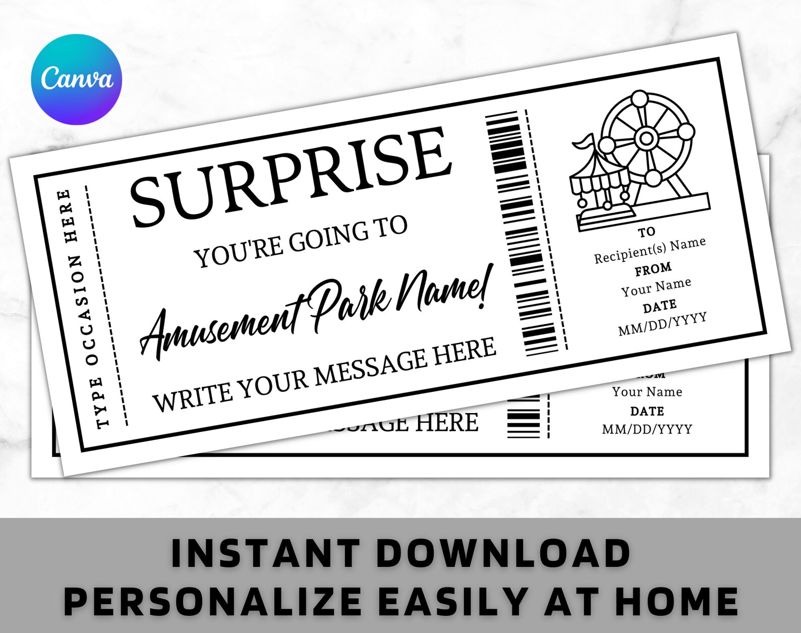 Surprise Amusement Theme Park Ticket Certificate Voucher Card Template ...