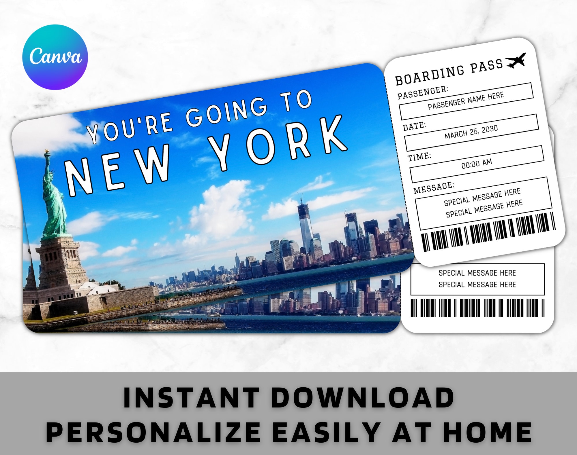 New York Boarding Pass Ticket Template - Printable Gift Airplane ...