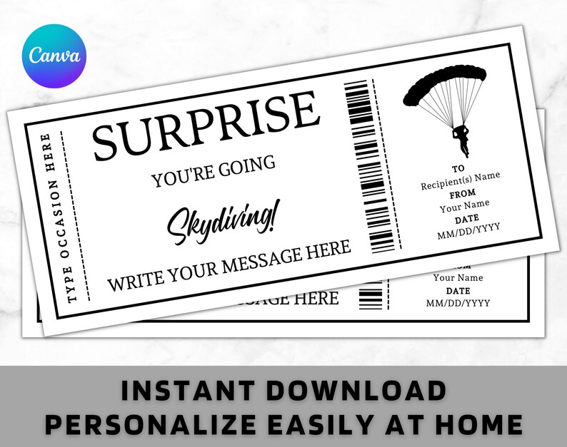 Surprise Skydiving Ticket Certificate Voucher Card Template - Printable ...
