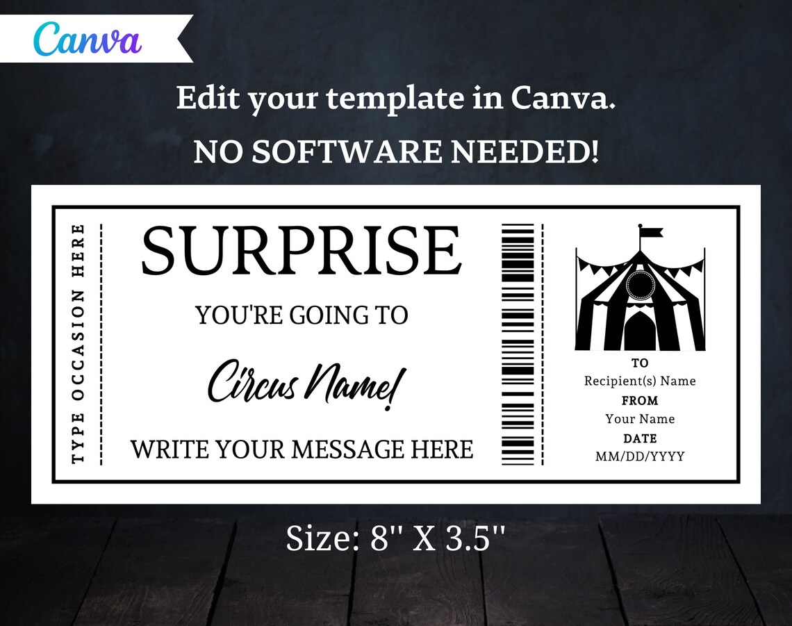 Surprise Circus Ticket Certificate Voucher Card Template - Printable ...