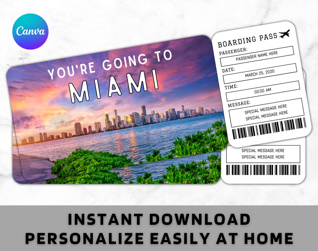 Miami Boarding Pass Ticket Template - Printable Gift Airplane Airline ...