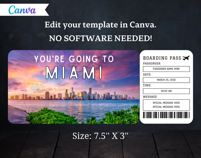 Miami Boarding Pass Ticket Template - Printable Gift Airplane Airline ...