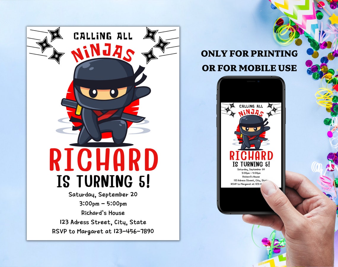 Ninja Birthday Party Invitation Template Ninja Birthday Party Invite ...