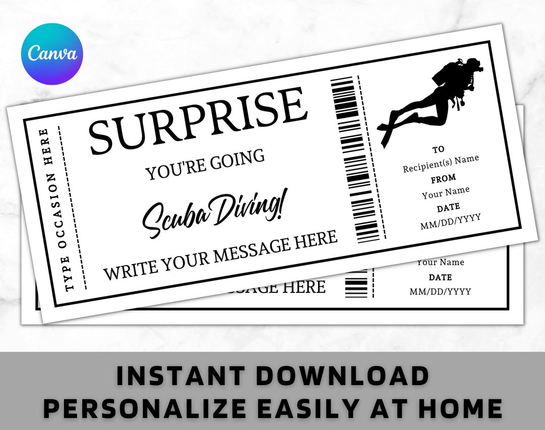Surprise Scuba Diving Ticket Certificate Voucher Card Template ...