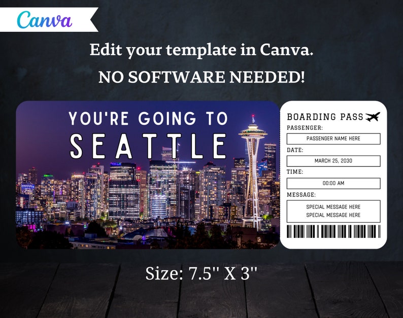 Seattle Boarding Pass Ticket Template Printable Gift - Etsy