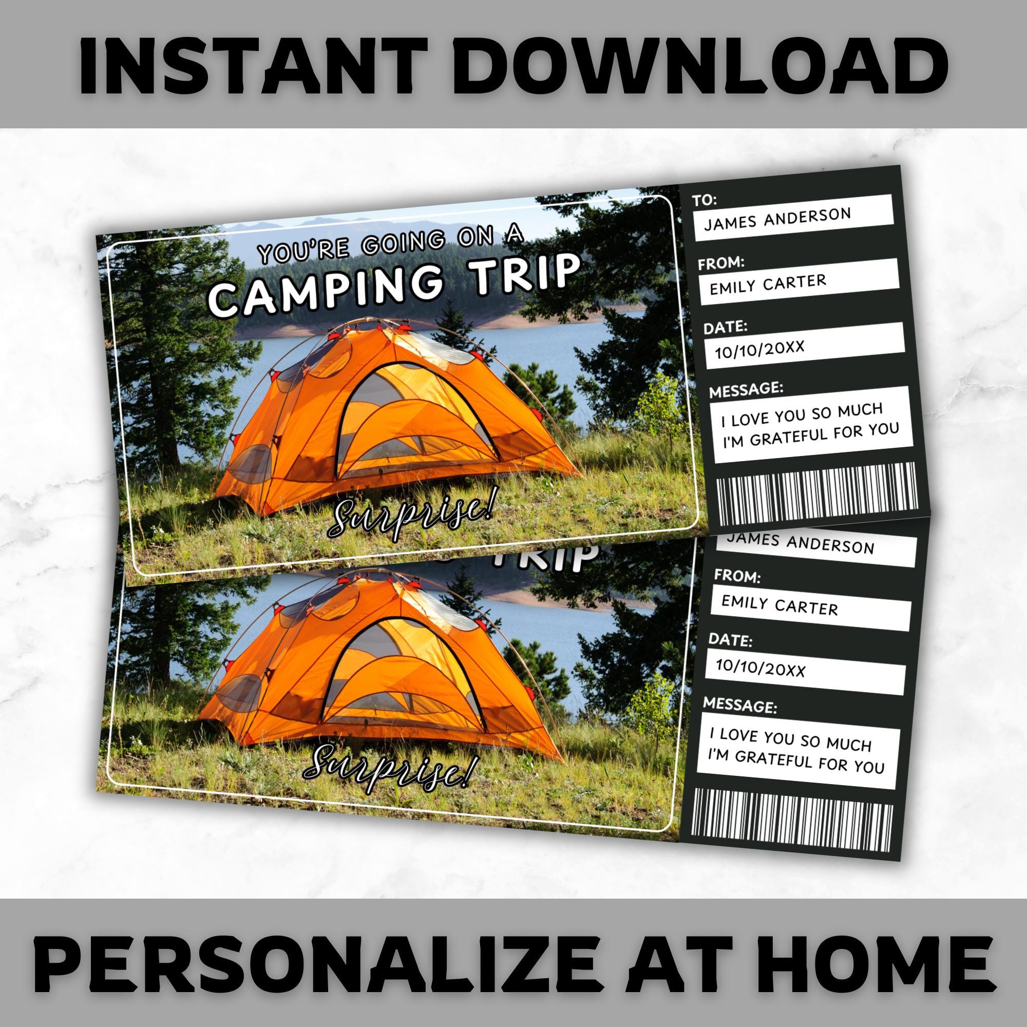 Camping Trip Ticket Template - Camping Adventure Gift Voucher - Camp ...