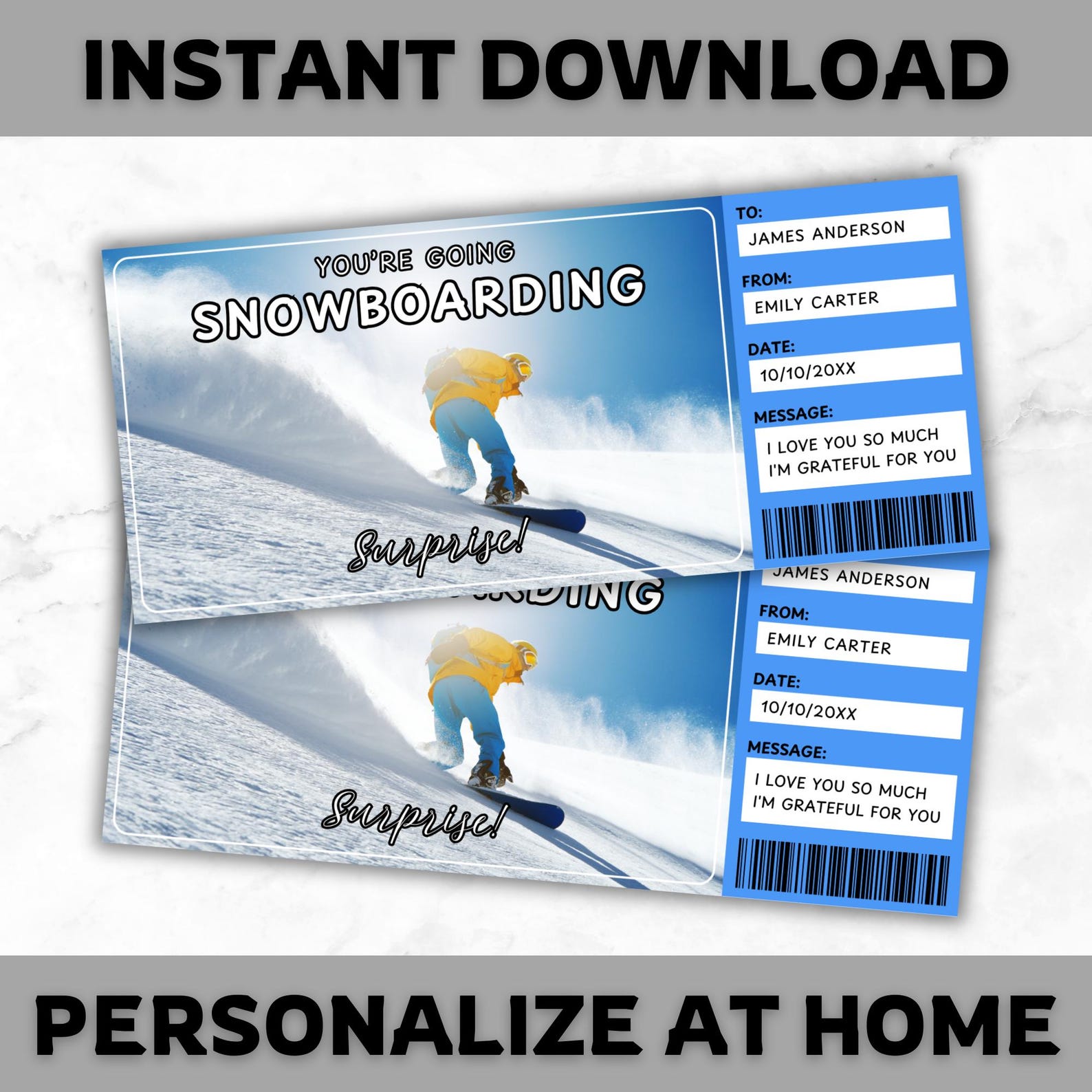 Snowboarding Ticket Template - Snowboarding Gift Voucher - Snowboard ...