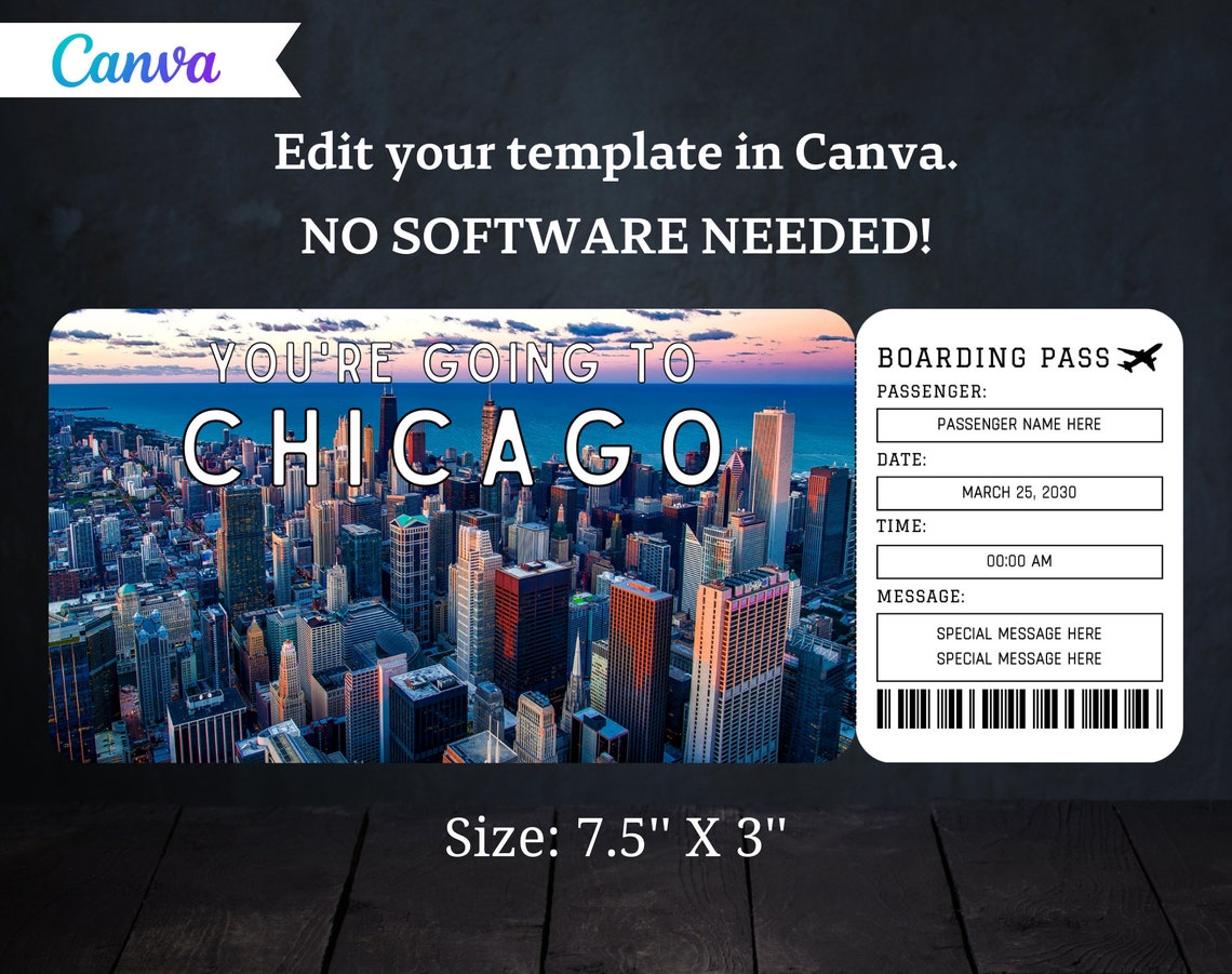 Chicago Boarding Pass Ticket Template - Printable Gift Airplane Airline ...