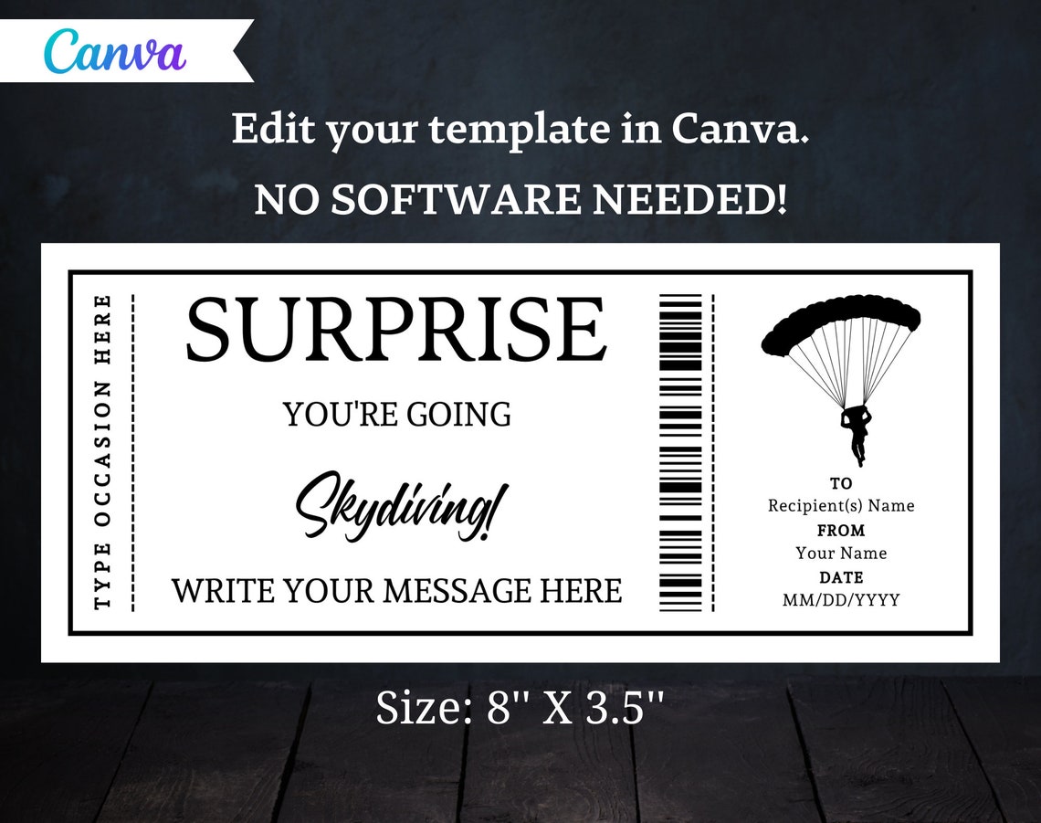Surprise Skydiving Ticket Certificate Voucher Card Template - Printable ...