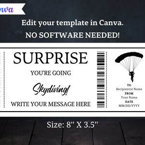 Surprise Skydiving Ticket Certificate Voucher Card Template - Printable ...