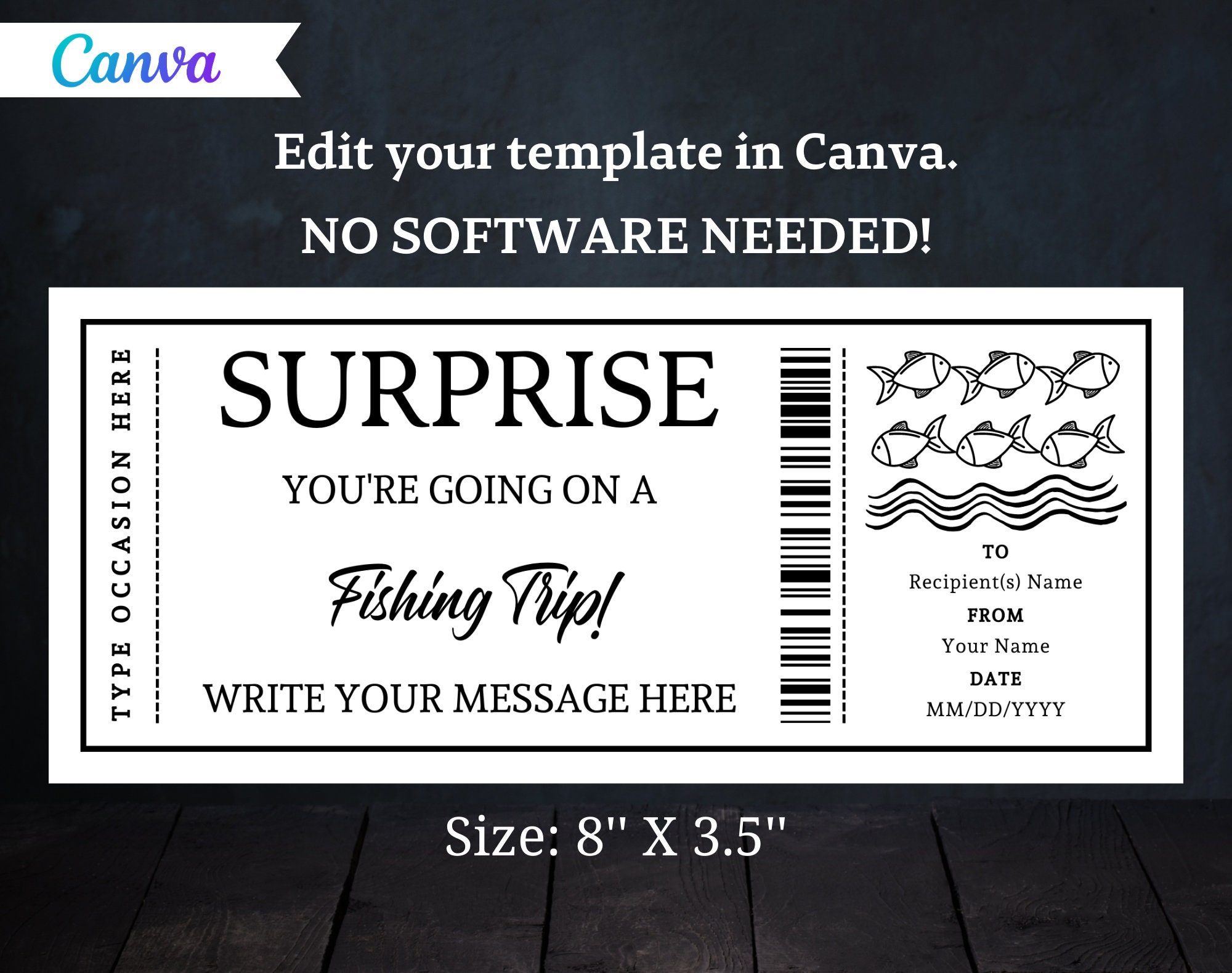 Surprise Fishing Trip Ticket Certificate Voucher Card Template ...
