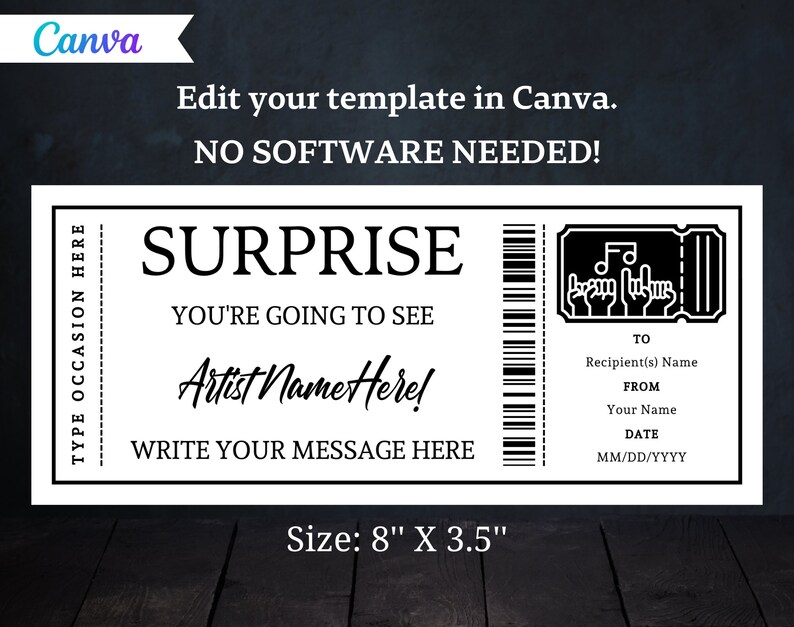 Concert Ticket Template - Gift Certificate - Eeditable Surprise Getaway ...