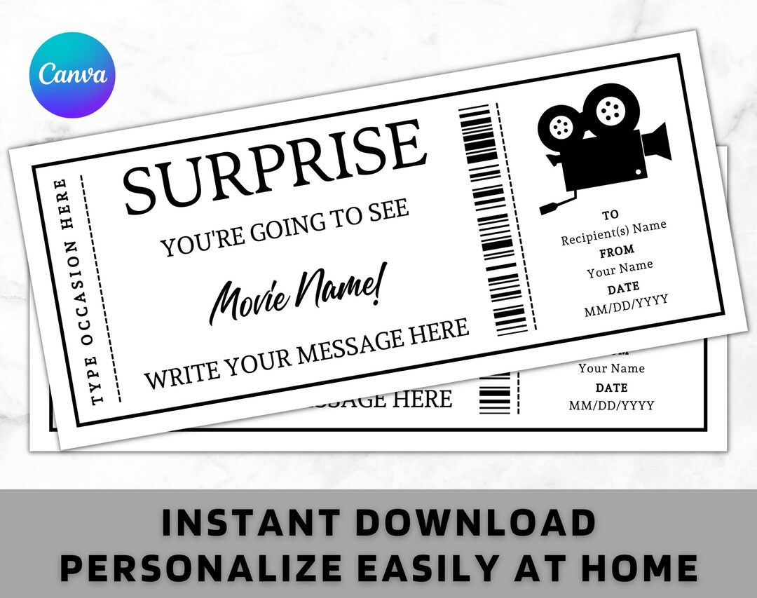 Surprise Movie Ticket Certificate Voucher Card Template - Printable Any ...