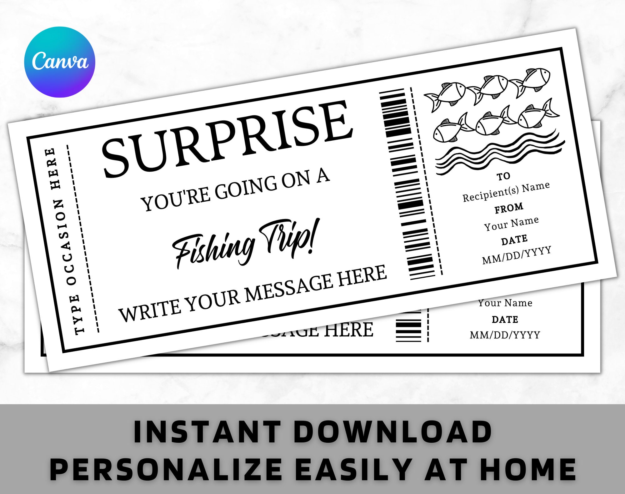 Surprise Fishing Trip Ticket Certificate Voucher Card Template ...