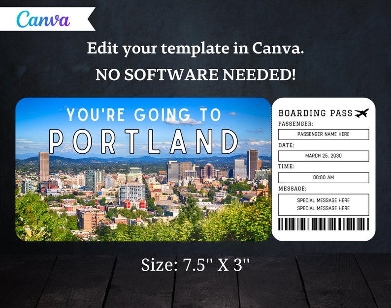Portland Boarding Pass Ticket Template - Printable Gift Airplane ...