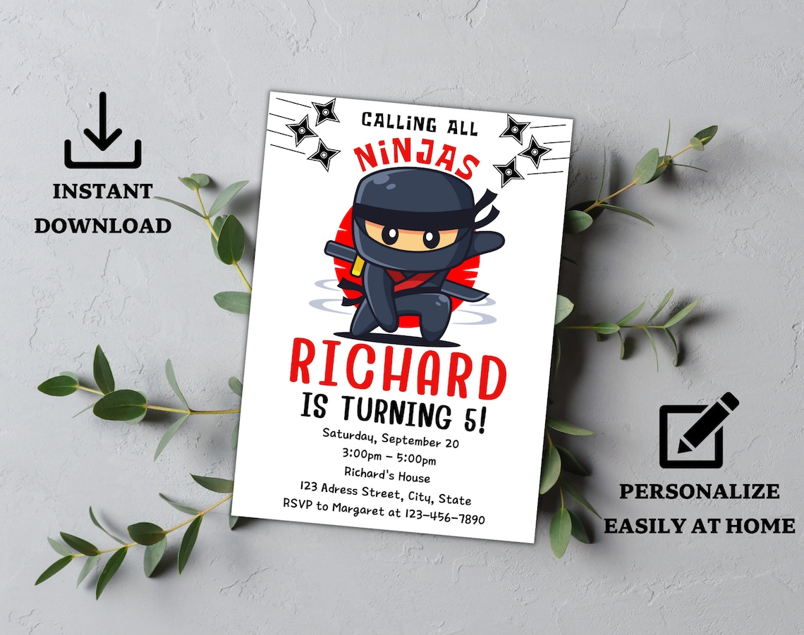 Ninja Birthday Party Invitation Template Ninja Birthday Party Invite ...