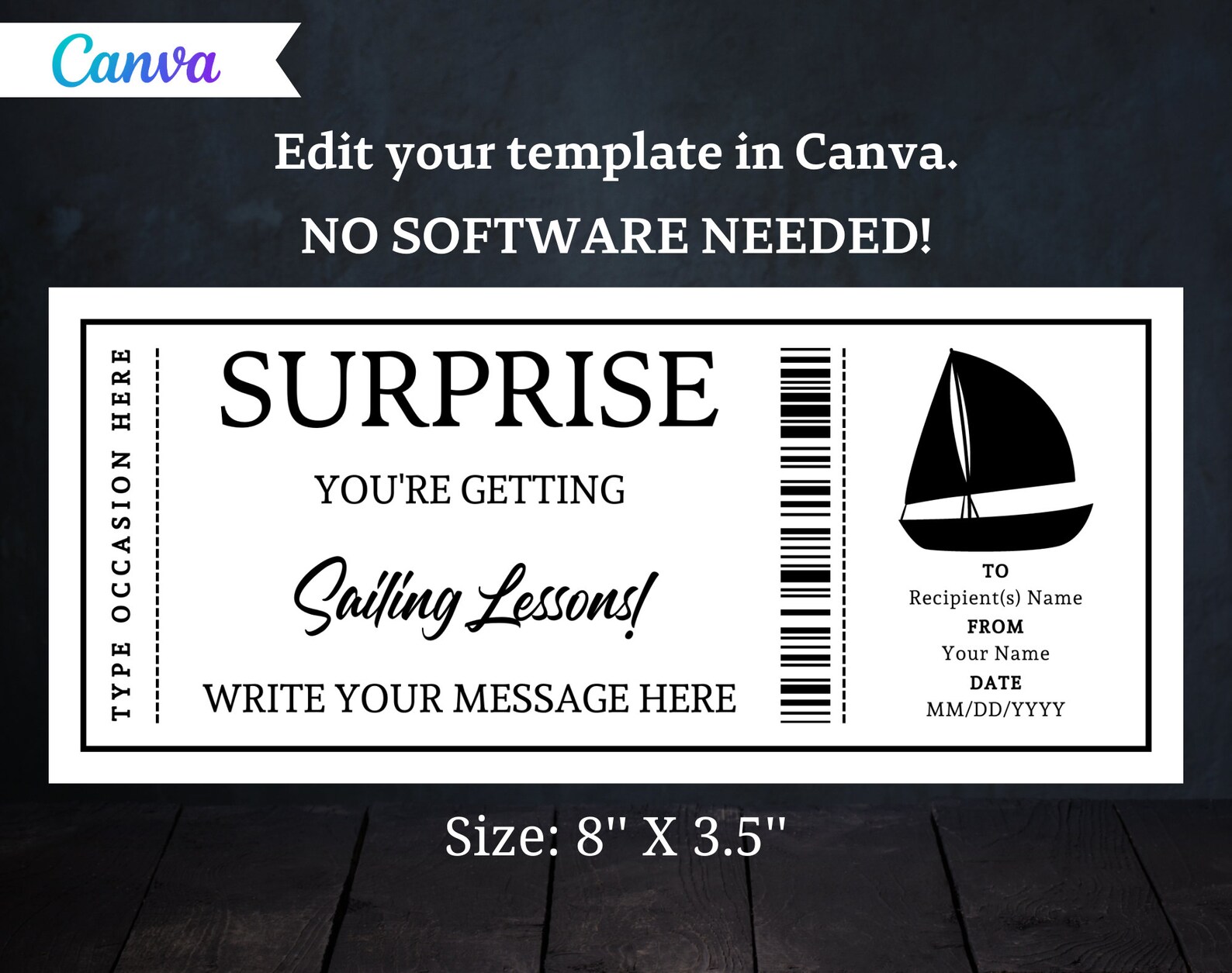 Surprise Sailing Lessons Ticket Certificate Voucher Card Template ...