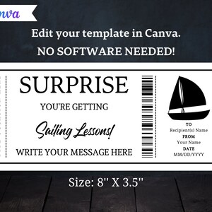 Surprise Sailing Lessons Ticket Certificate Voucher Card Template ...