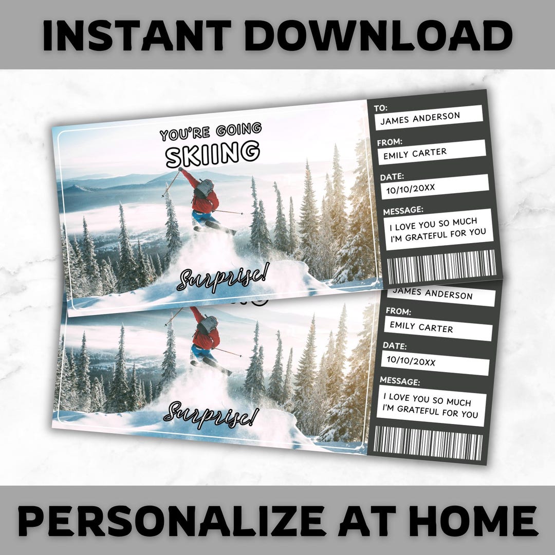 Skiing Ticket Template - Skiing Gift Voucher Template - Snow Trip ...