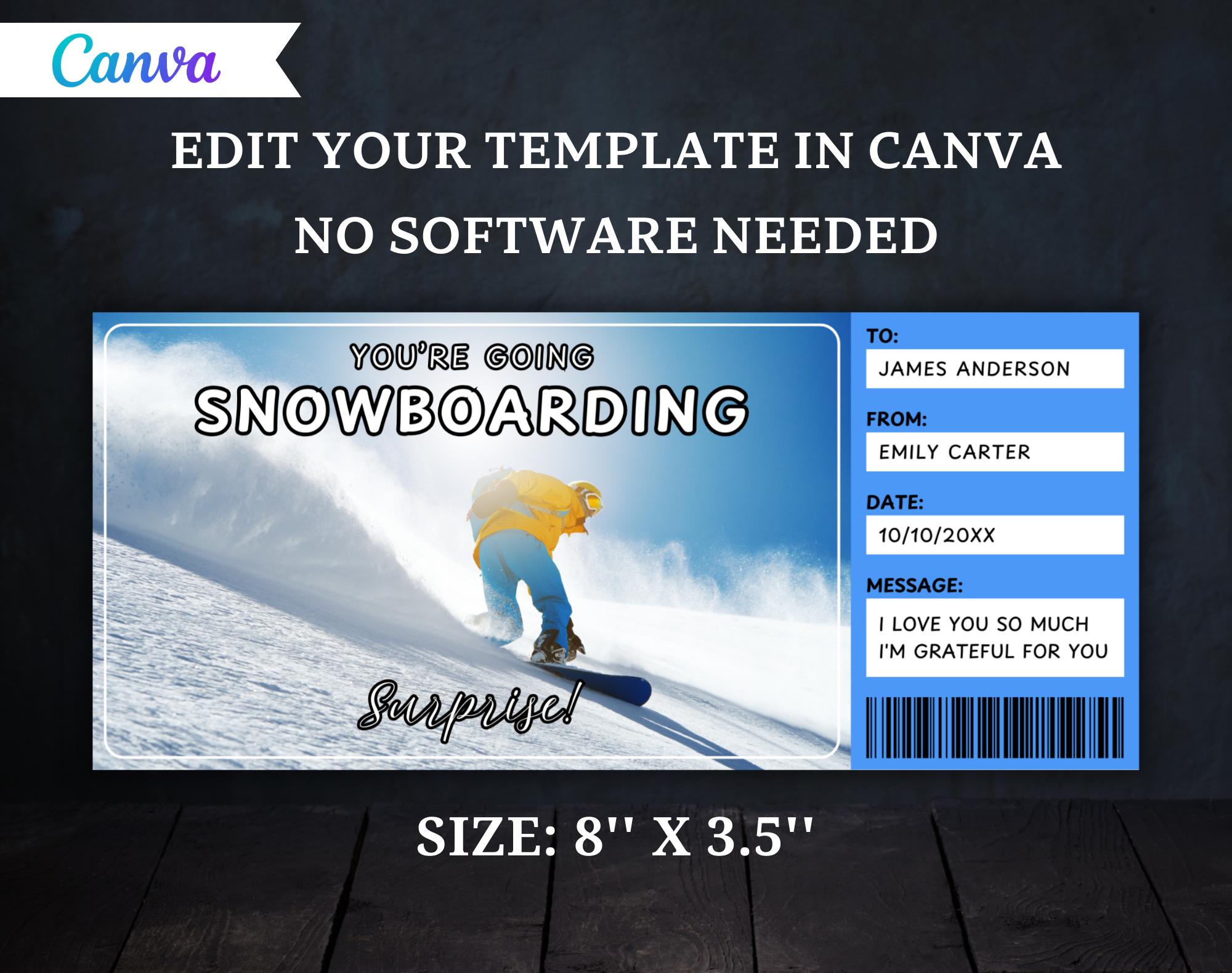 Snowboarding Ticket Template - Snowboarding Gift Voucher - Snowboard ...