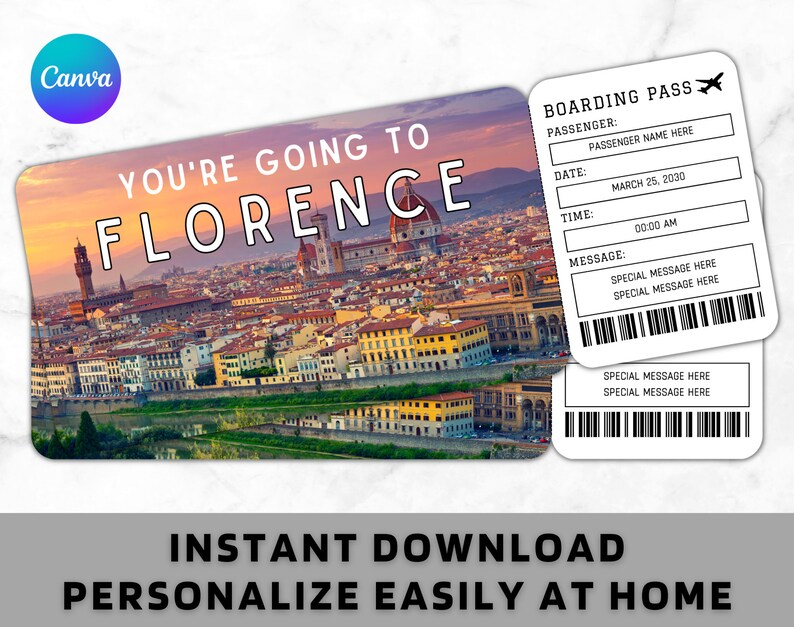 Florence Boarding Pass Ticket Template Printable Gift Airplane Airline ...
